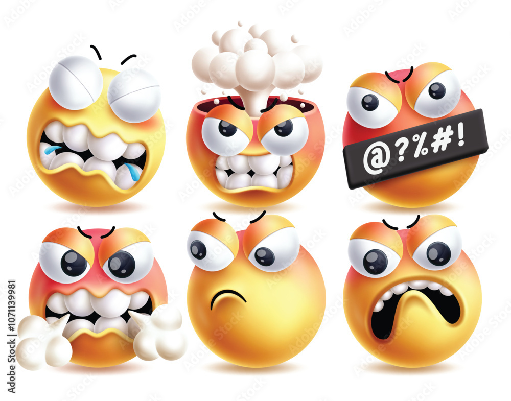Annoying emoji emoticon vector characters set. Annoying emojis with irritating, exploding, angry ...