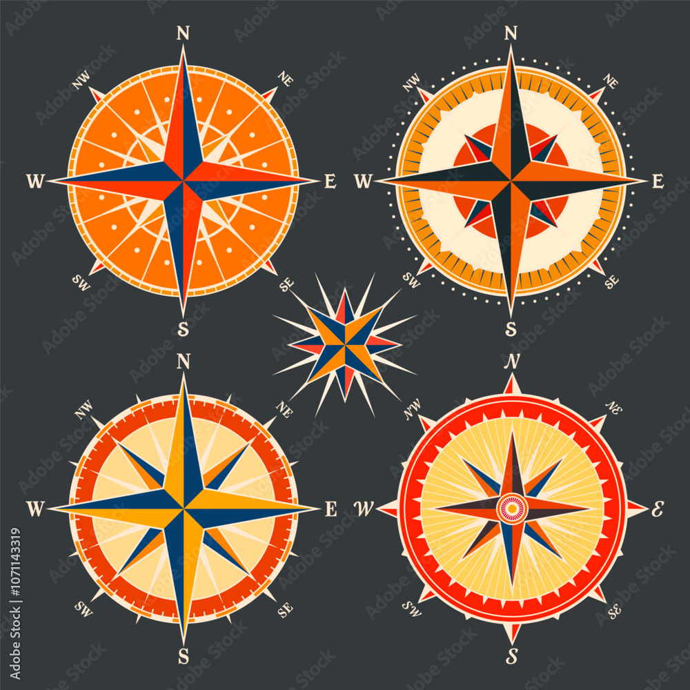 Vintage marine wind rose, nautical chart. Colorful navigational compass ...