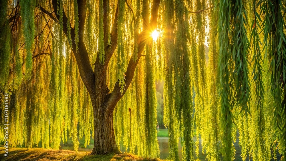 Golden sunlight streams through the cascading branches of a weeping ...