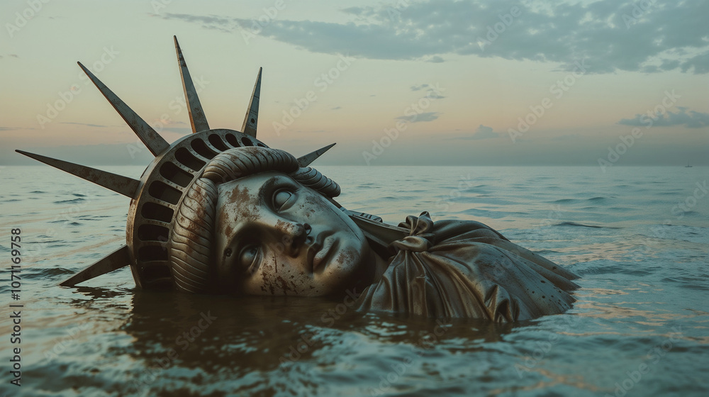 The Statue of Liberty partially submerged in water against a dramatic ...