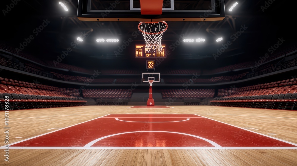 Basketball court perspective view with arena seats and hoop in focus ...