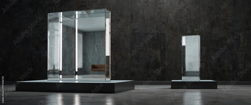 Reflective Enigma: Two sleek, minimalist mirrors stand in a dark ...