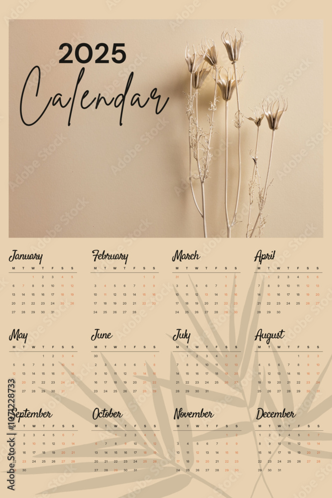 Printable 2025 calendar design template with minimalist aesthetic, wall ...