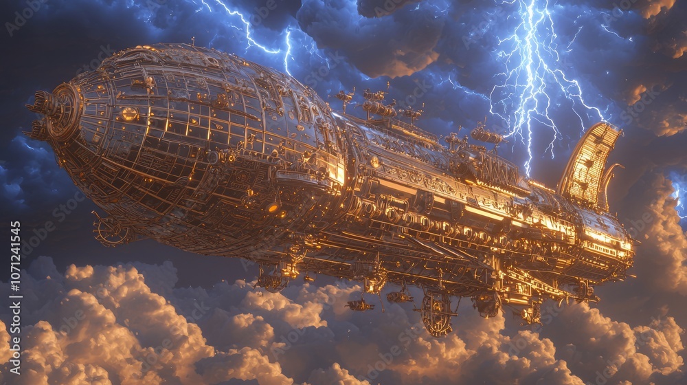 Stormy Steampunk Adventure: Dramatic 3D Render of an Airship in a Storm ...