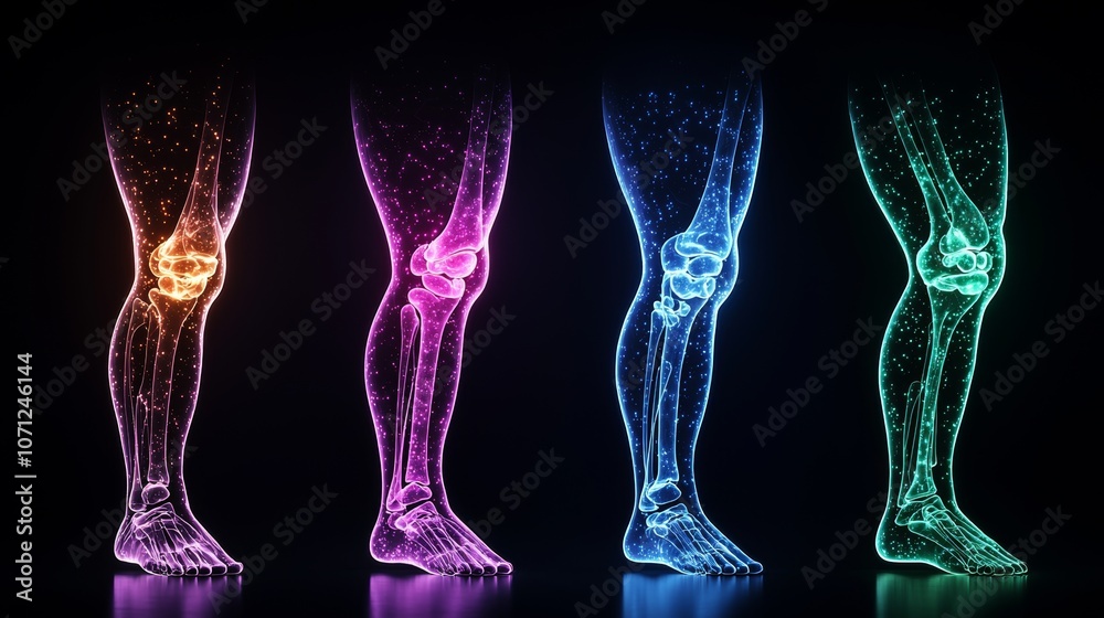 Crisp X-ray visualization of knee, holographic indicators showing ...