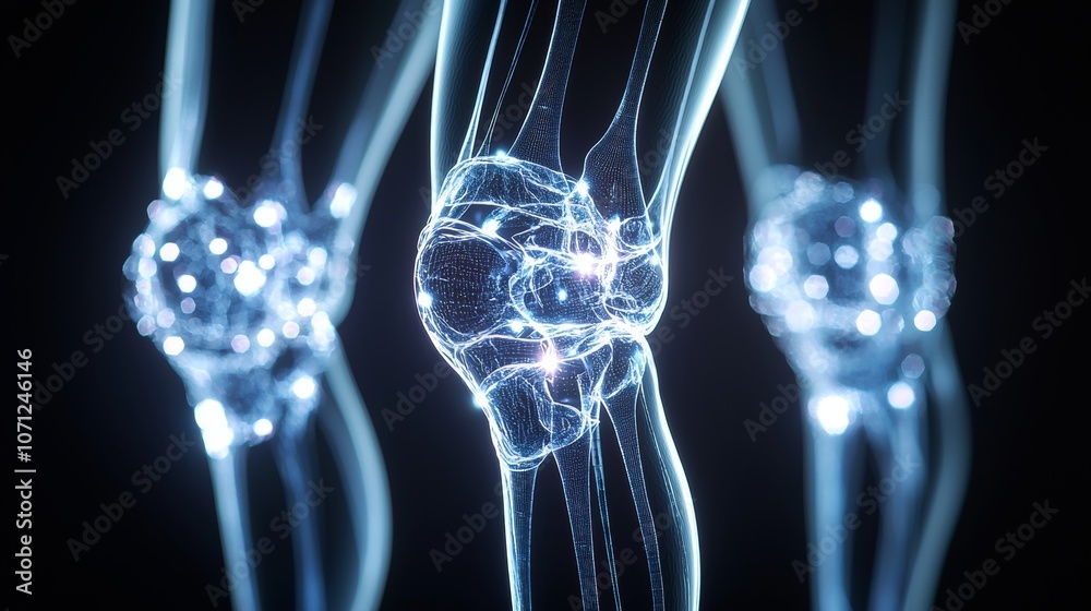 Crisp X-ray visualization of knee, holographic indicators showing ...