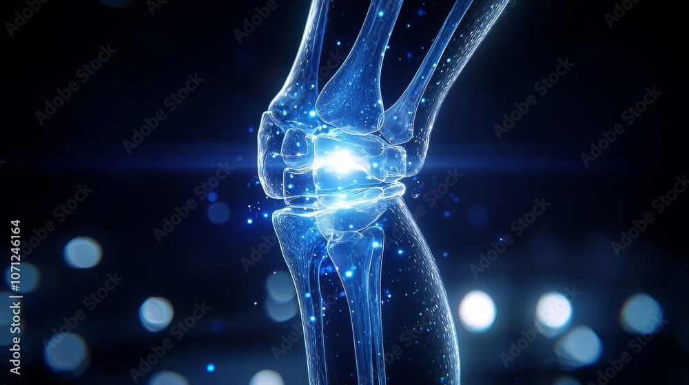 Crisp X-ray visualization of knee, holographic indicators showing ...