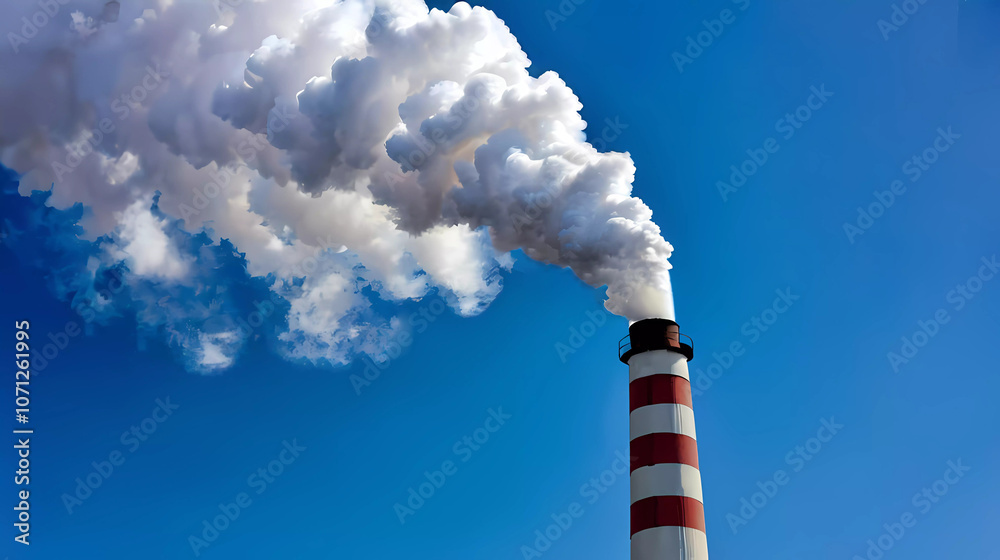 Thick white smoke rises from a tall factory chimney, contrasting ...