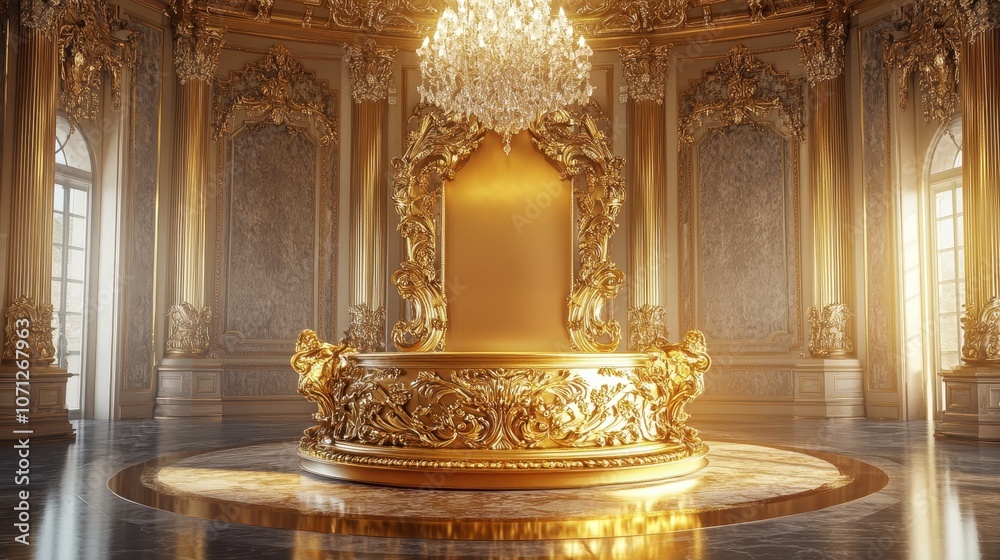 Golden Baroque Room Interior with Ornate Chandelier and Gold Pedestal - 3D Rendering. Stock ...