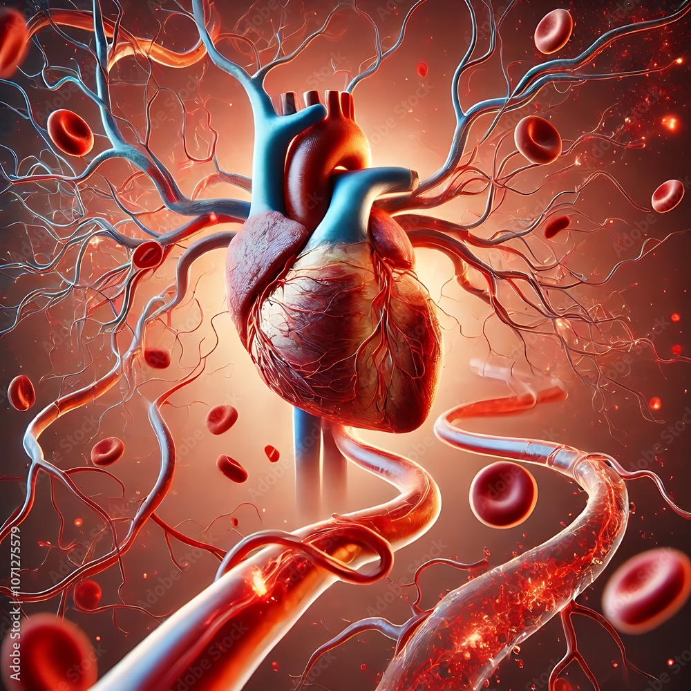 3D Heart Anatomy with Blood Vessels and Cells, Vivid 3D illustration of ...