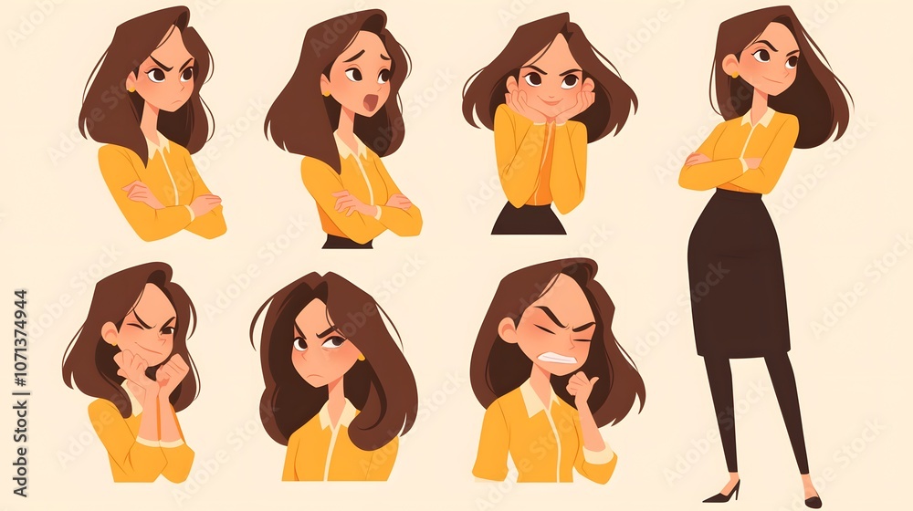 Character animation set of a cartoon businesswoman in multiple animated ...