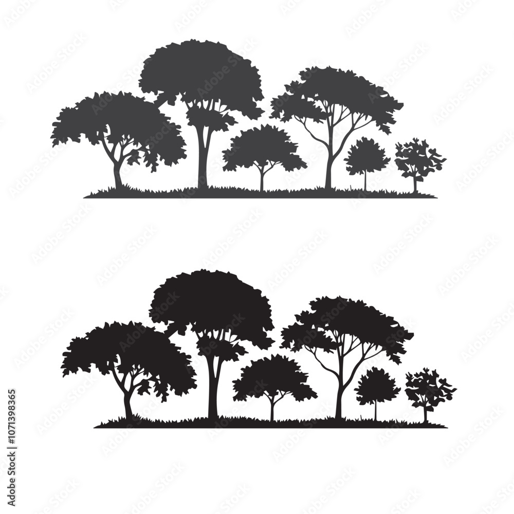 silhouette tree line drawing set, graphics trees elements outline ...