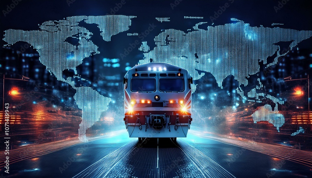 Foto de Stock Global Train Network: A powerful train locomotive speeds ...