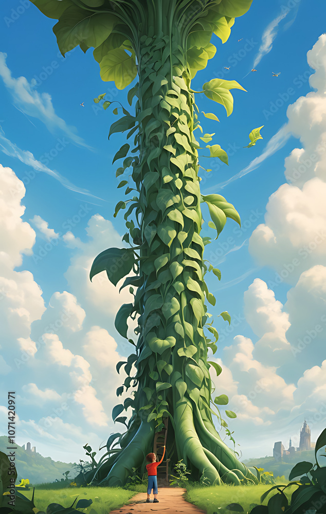 Jack and the Beanstalk – Illustration of a Towering Beanstalk Reaching ...