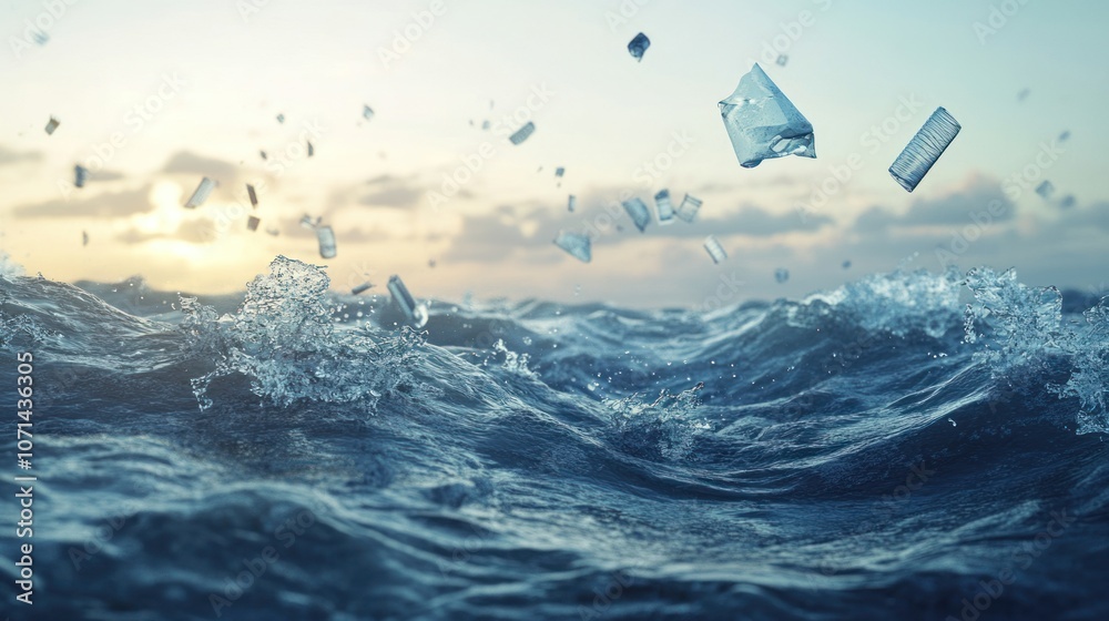 Plastic waste floating amidst ocean waves, showing the urgent ...