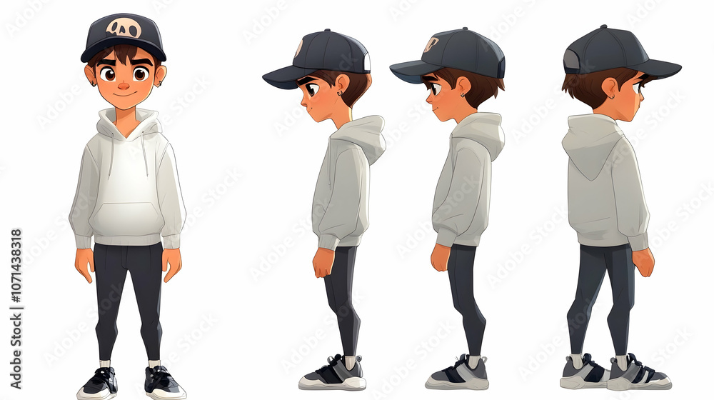 Cartoon boy character in four poses, standing front, side, and back ...