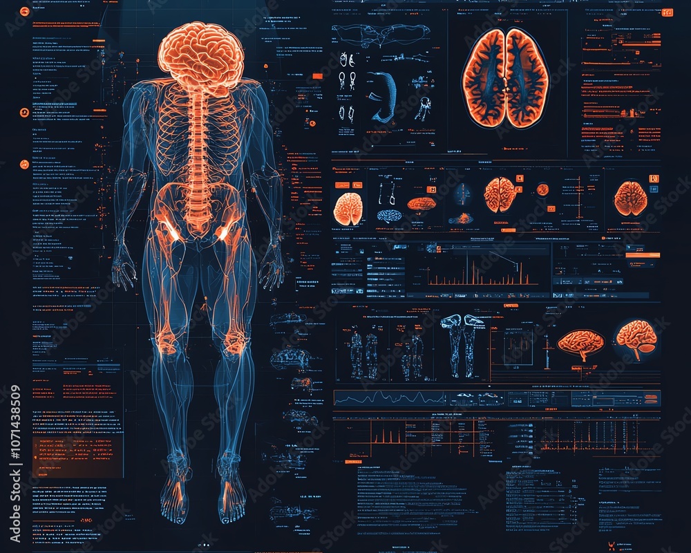 Monographic background showcasing medical images, including brain scans ...