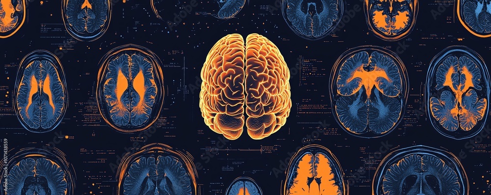 Monographic background with brain scans and diagnostic icons in dark ...