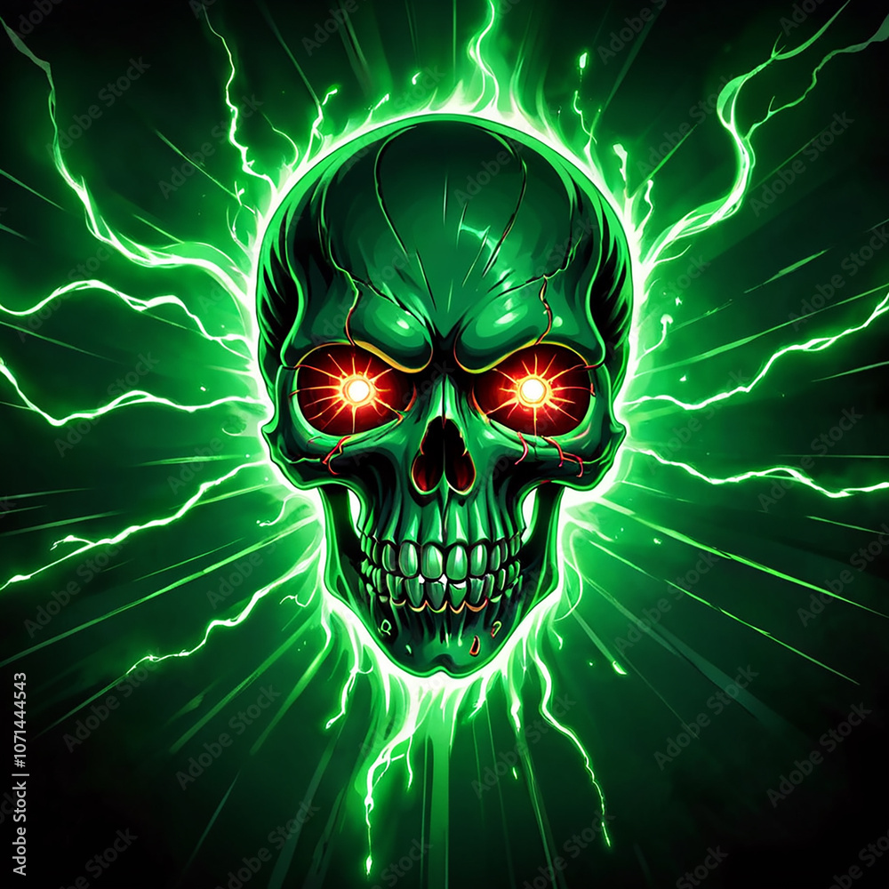 A green skull with glowing red eyes is surrounded by radiating green ...