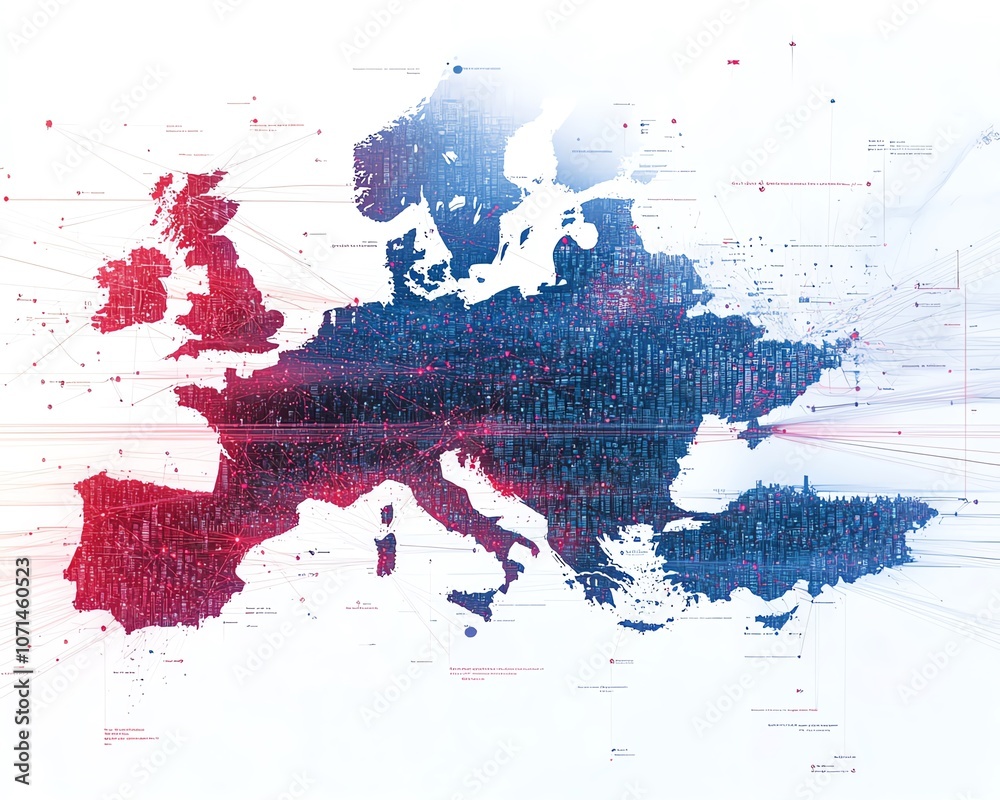 Map of Europe with red and blue lines connecting cities, depicting the ...