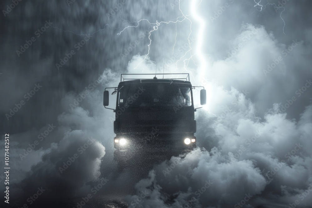 Racing truck drive among smoke, clouds and thunder in bad weather ...