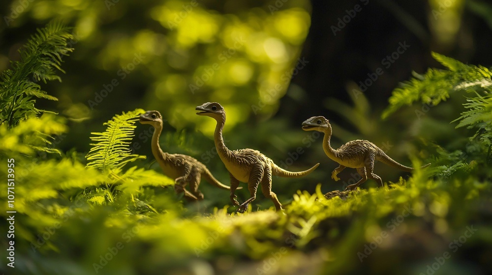 Compsognathus dinosaurs gracefully dash through lush ferns and dense ...