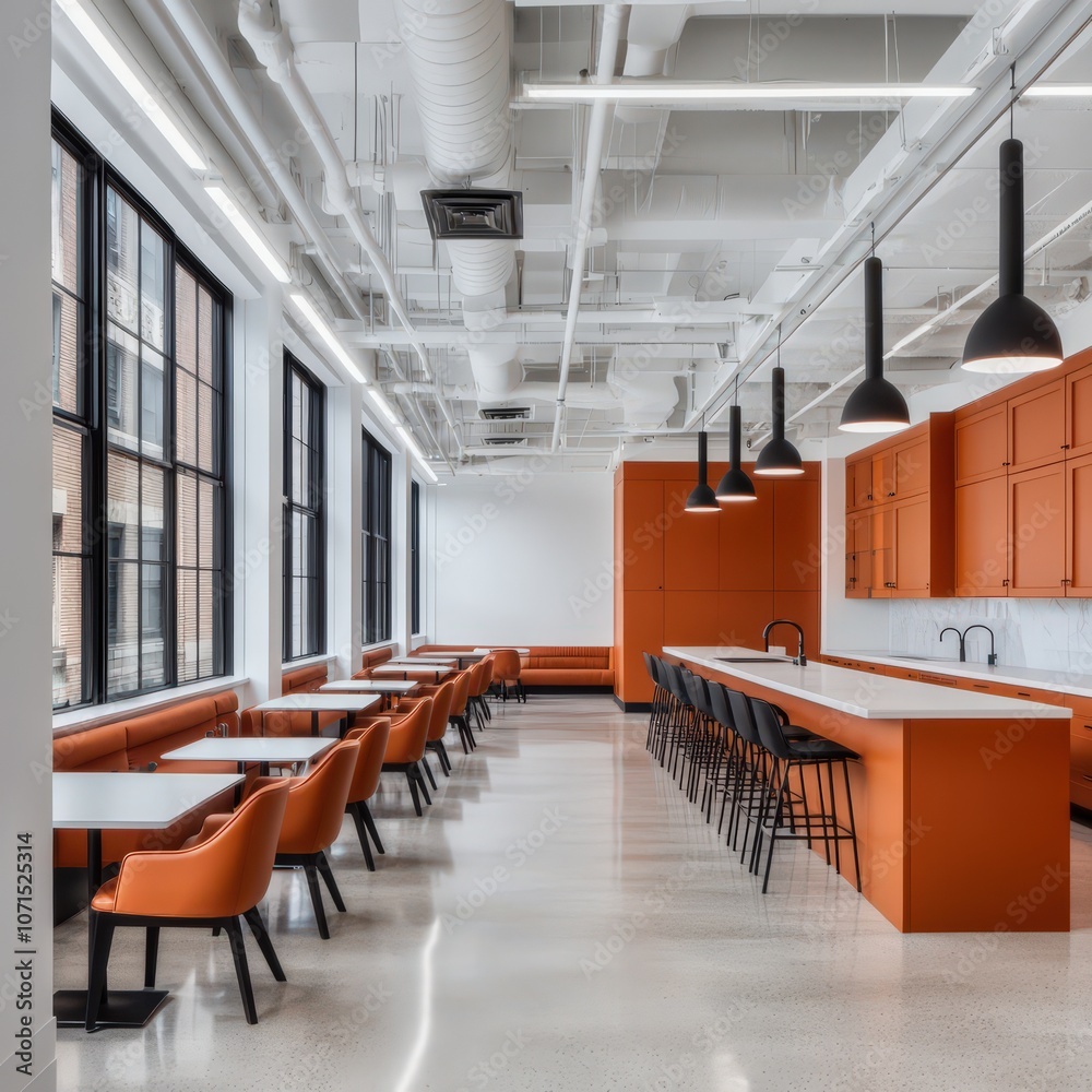 Modern office kitchen and lounge with orange cabinets, white ...