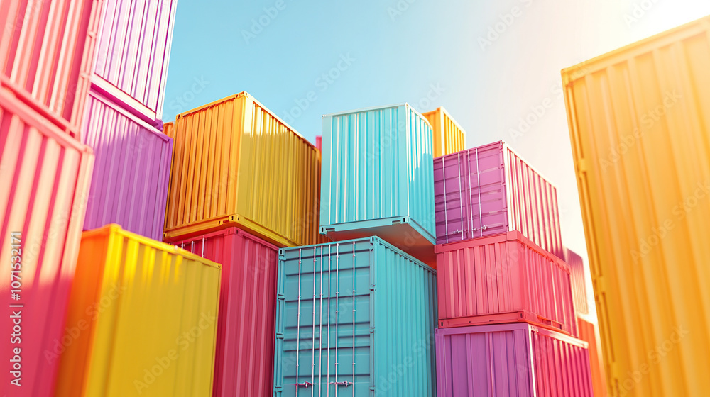 3D rendering of colorful shipping containers stacked on top of each ...