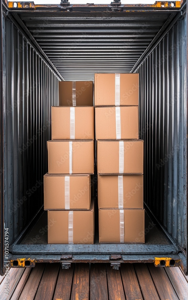 Shipping container filled with stacked cardboard boxes ready for ...