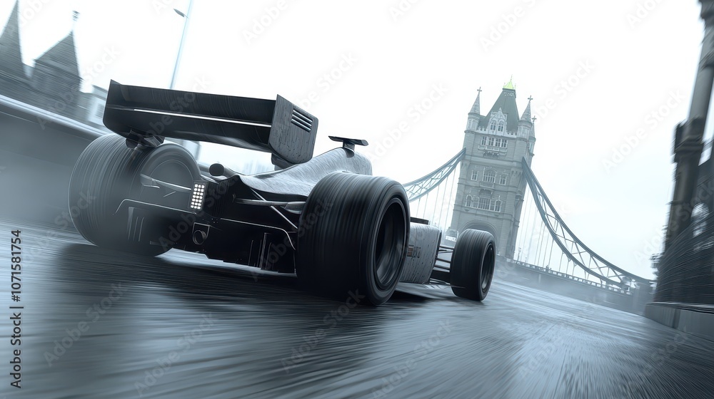 Heroic backshot of a gunmetal grey F1 car with a massive rear wing ...