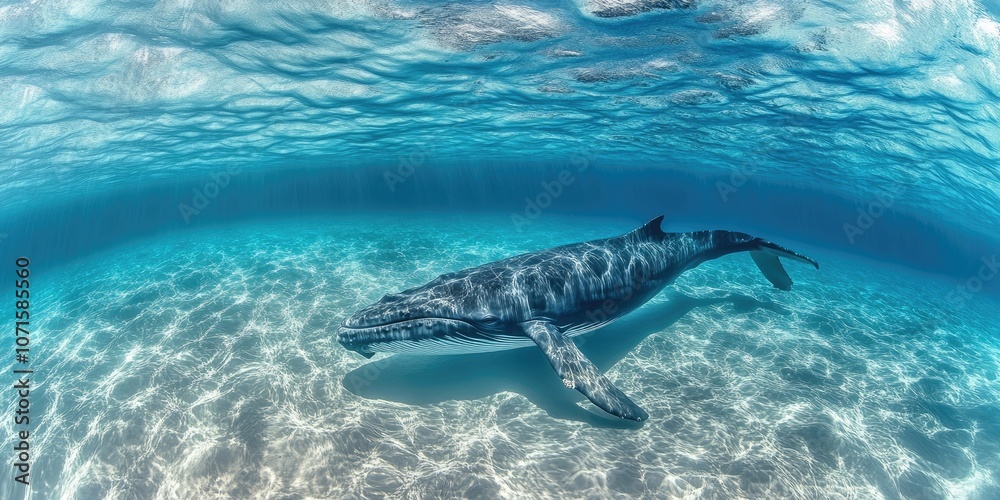 A magnificent whale swims effortlessly through the pristine, clear ...
