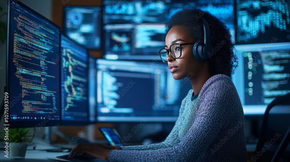 black female software developer coding complex algorithms on her ...