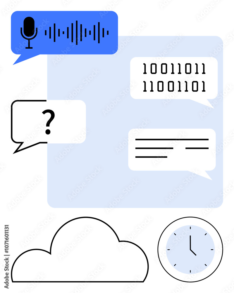 Speech bubble with microphone, speech bubble with question mark, binary code, text message ...