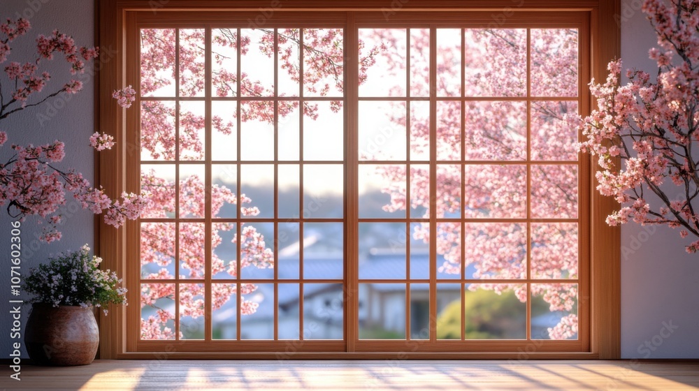 Serene Springtime View Through a Traditional Japanese Shoji Window with ...
