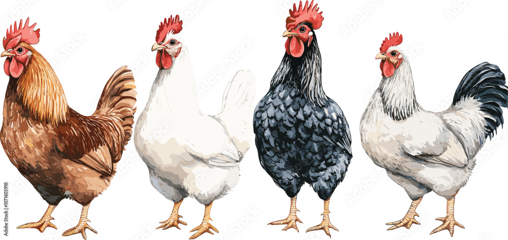 Chicken family set watercolor graphics. White hen, brown hen, red hen ...