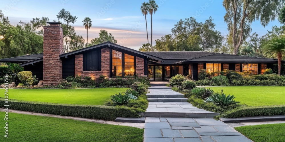 Beautiful two-story house sloping roof chimney left side California ...