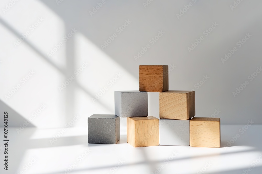 Minimalist wooden blocks in balanced stack, light and shadow pla Stock ...