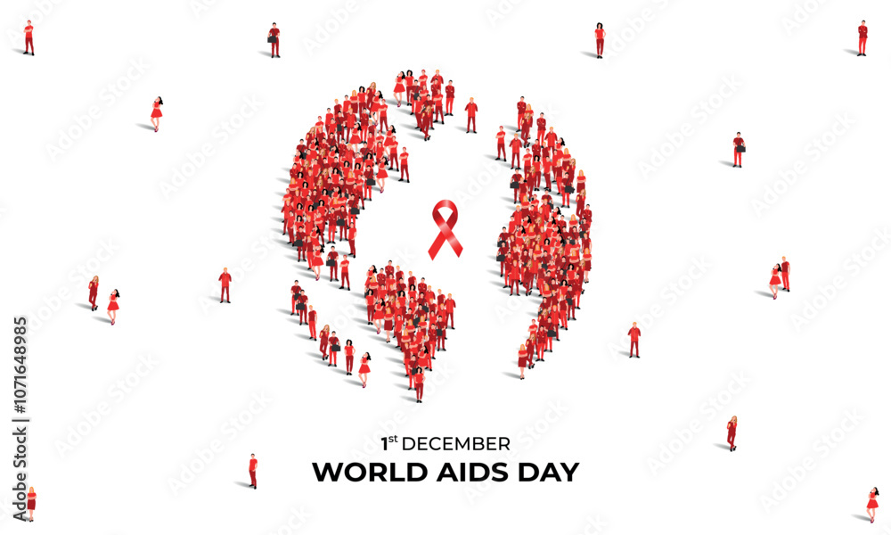 World AIDS Day. 1st December. A large group of people in red color form ...