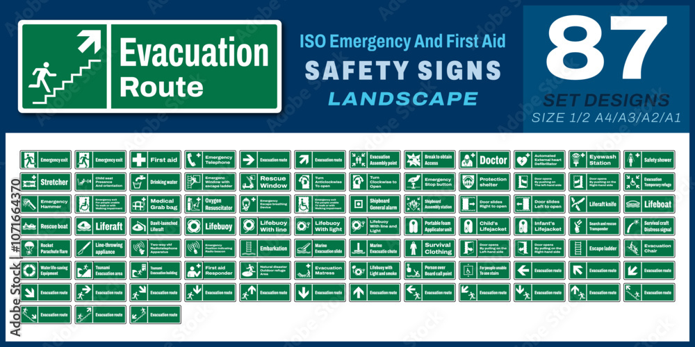 87 set iso emergency and first aid safety signs v86_landscape size 1/2 ...