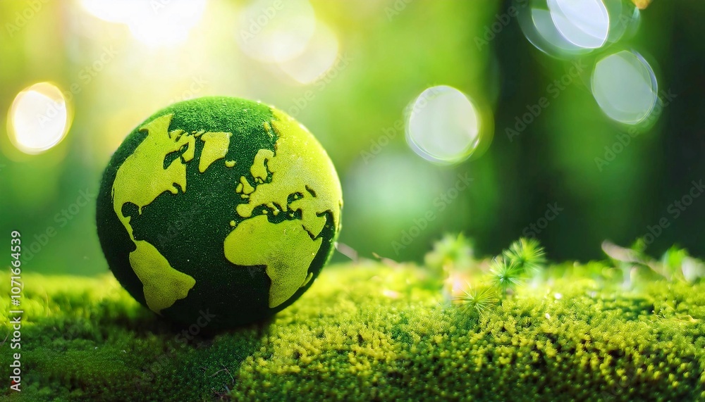 Mossy world globe maps on the grass with bokeh green background. Green world, green energy ...