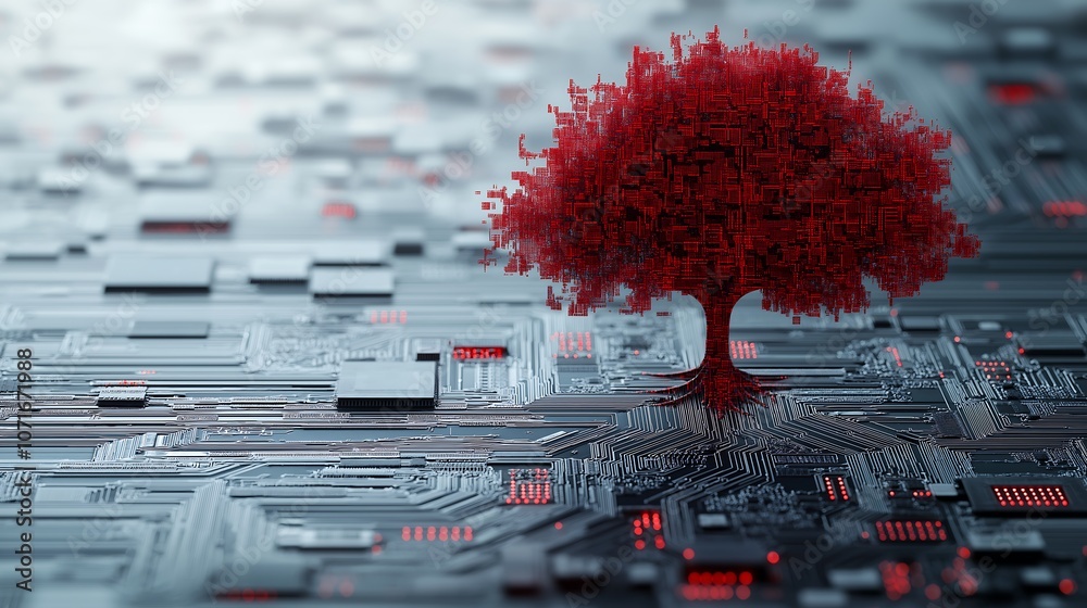 Red tree growing on the ground, circuit boards and digital data lines ...