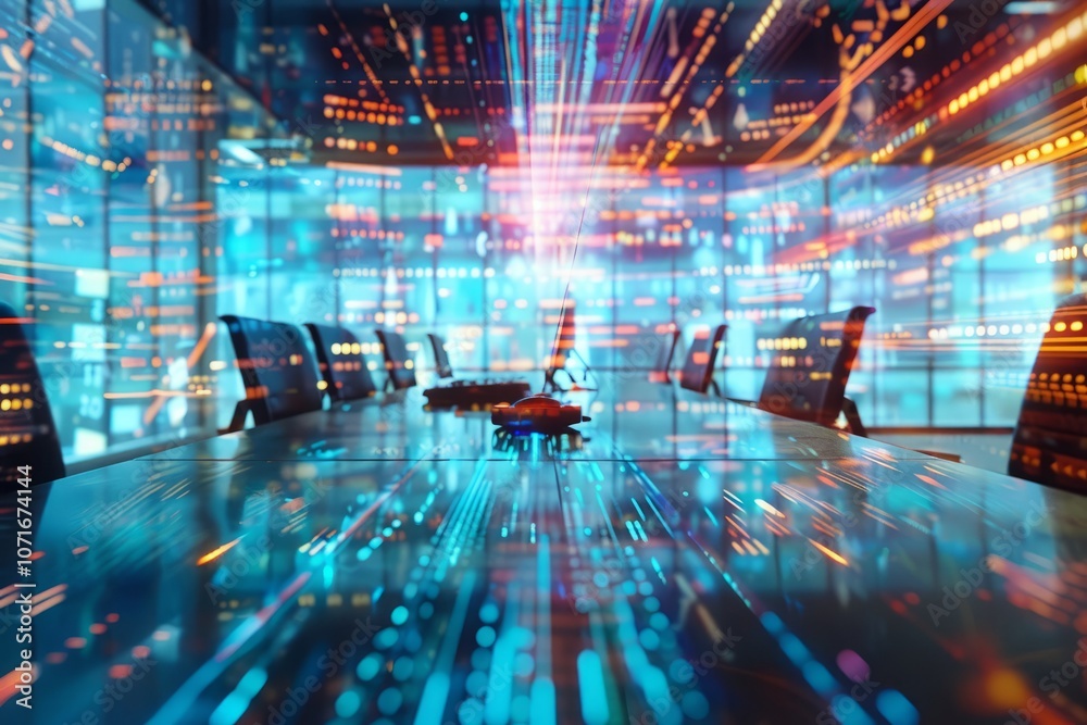 Dynamic shot with a rotating camera around the conference table ...