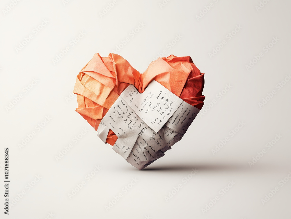 heart made of crumpled paper, symbolizing love and emotions, with ...