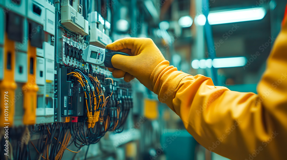 Electrical engineer wearing gloves test electrical installations and ...