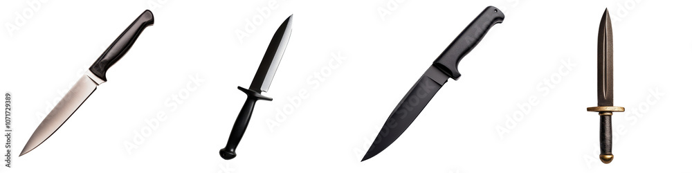 Assortment of different types of bladed weapons including knives ...