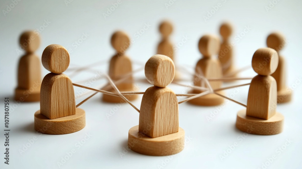Wooden figurines representing social connections and networking in a ...