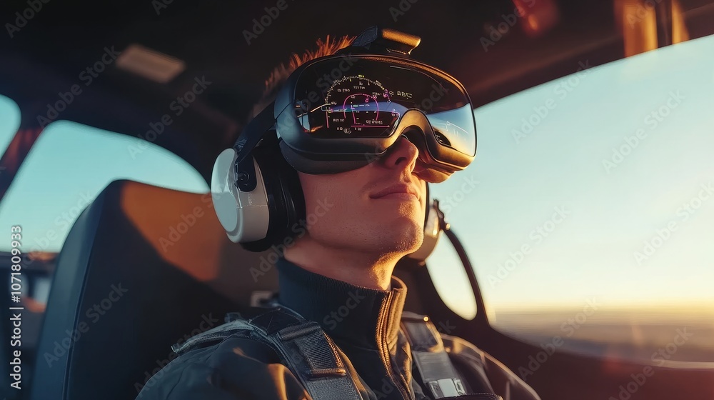 A pilot trainee wearing a VR headset, experiencing an immersive flight ...