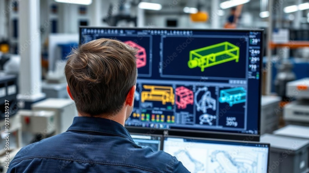 Engineer working on CAD software, technical details and drawings on ...