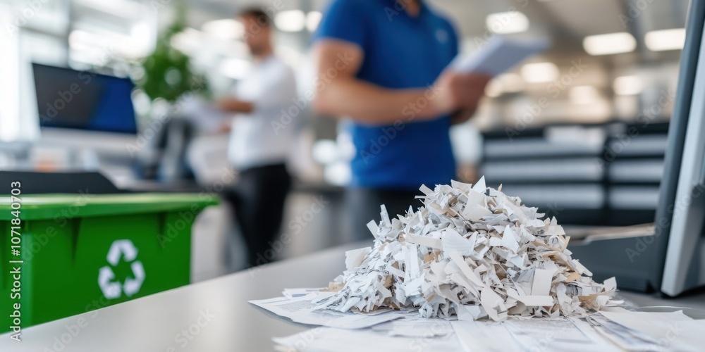 Shredded paper lays on the floor with a recycling bin and a recycling ...