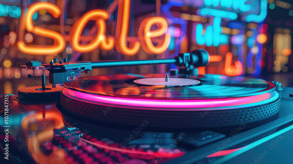 Vinyl record player with colorful neon lights and Sale sign, creating ...